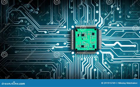 The Tiny Microchip Is Meticulously Placed On The Vibrant Green Circuit Board Stock Image