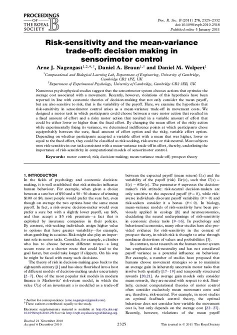 Pdf Risk Sensitivity And The Mean Variance Trade Off Decision Making In Sensorimotor Control