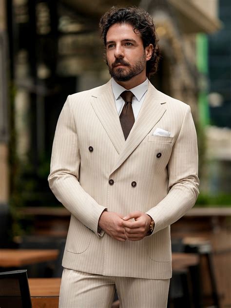 Beige Striped Double Breasted Suit 2 Piece Beige Us 42 Eu 52