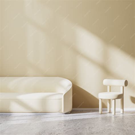 밝은 베이지색 안락의자와 소파가 있는 거실의 현대적인 미니멀리즘 디자인 벽에 햇빛이 비치는 소파 빈 베이지색 벽 콘크리트 바닥 3d 렌더링 프리미엄 사진