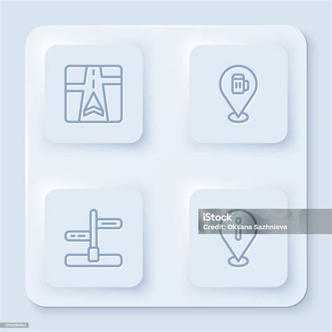 지도 알코올 또는 맥주 바 위치 도로 교통 표지판 및 위치 정보와 라인 Gps 장치를 설정합니다 흰색 정사각형 버튼 벡터 거리에