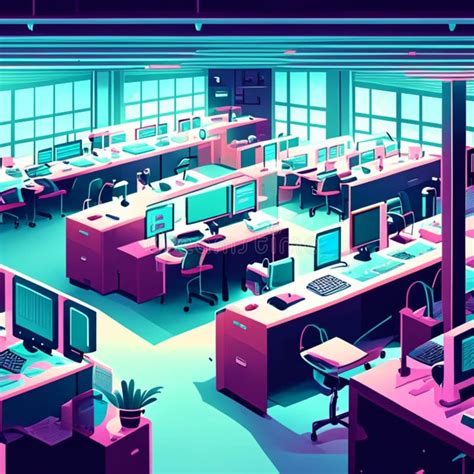 Computer Room With Computers 3d Render Illustration Computer Room With Large Windows