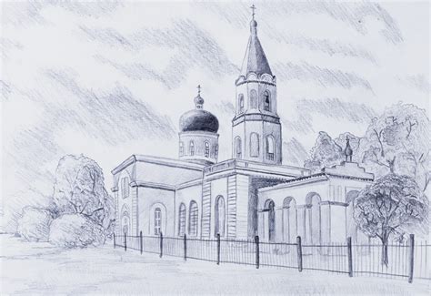 Как нарисовать пейзаж с церковью карандашом 82 фото