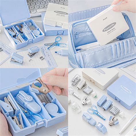 휴대용 8종 미니 문구 정리함 툴박스 키트 공구함 스테이플러 테이프 가위 효율성 펀칭 형광펜 다용도 에이블리