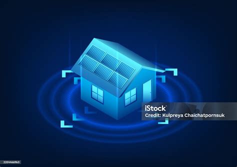 재생 가능 에너지 기술 자연 전기 태양 전지에서 나오는 태양 에너지는 전기가 집안에 들어오는 등 환경 오염을 줄이는 데 도움이 되는 청정 에너지입니다 0명에 대한 스톡 벡터