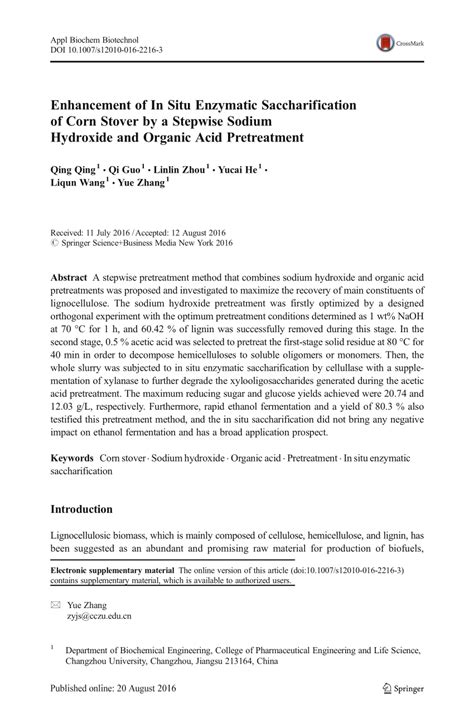 Pdf Enhancement Of In Situ Enzymatic Saccharification Of Corn Stover