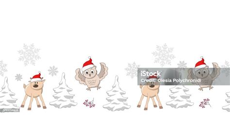 빨간 산타 모자를 쓴 올빼미와 사슴이 눈 덮인 전나무 사이에 있습니다 원활한 테두리 겨울에 대한 스톡 벡터 아트 및 기타 이미지 겨울 계절 귀여운 Istock