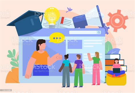 원격 교육 온라인 웨비나 수업 또는 튜토리얼 큰 웹 페이지 근처에 서 있는 사람들의 그룹 개념에 대한 스톡 벡터 아트 및 기타 이미지 Istock