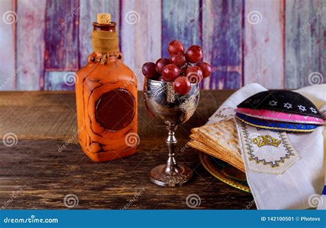 Passover Glasses Kosher Wine And Matzoh Jewish Holiday Bread Over Wooden Board Stock Image