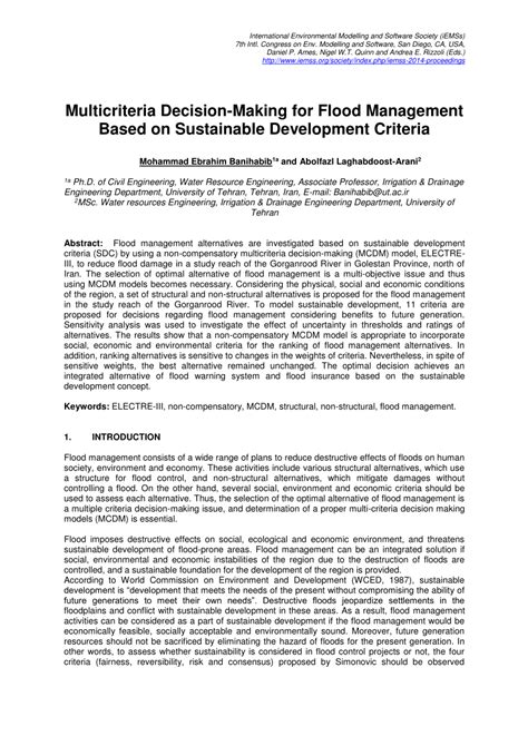 Pdf Multicriteria Decision Making For Flood Management Based On Sustainable Development Criteria