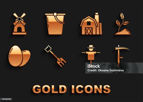 세트 가든 레이크 새싹 낫 허수아비 치킨 계란 농장 집 개념 풍차와 양동이 아이콘 벡터 검은색에 대한 스톡 벡터 아트 및 기타 이미지 Istock