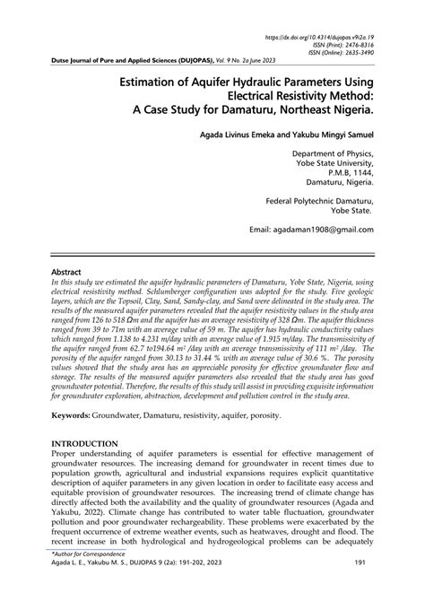 Pdf Estimation Of Aquifer Hydraulic Parameters Using Electrical Resistivity Method A Case