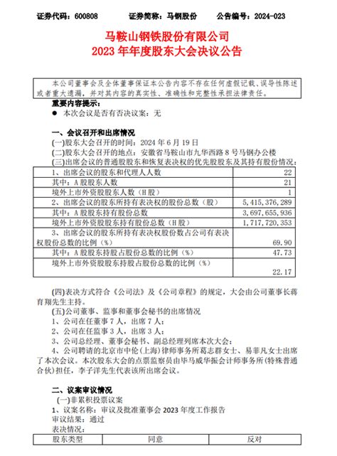 马钢股份 马鞍山钢铁股份有限公司2023年年度股东大会决议公告中国钢铁新闻网