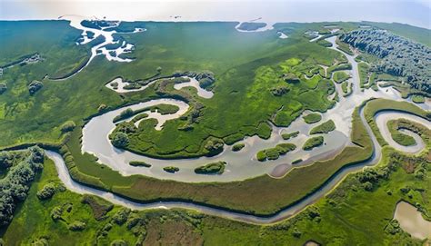 Vista Aérea De Un Delta Del Río Con Una Exuberante Vegetación Verde Y