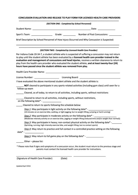 Concussion Evaluation And Release To Play Form For Licensed Health Care