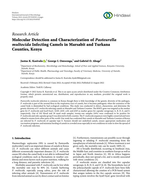 Pdf Molecular Detection And Characterization Of Pasteurella Multocida Infecting Camels In
