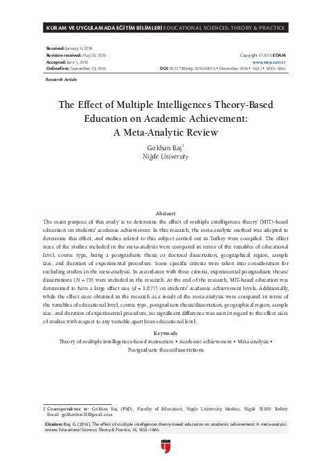 Pdf The Effect Of Multiple Intelligences Theory Based Education On Academic Achievement A