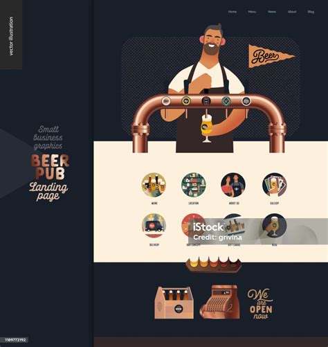 양조장 공예 맥주 펍 소규모 비즈니스 일러스트 방문 페이지 디자인 템플릿 맥주에 대한 스톡 벡터 아트 및 기타 이미지 맥주 맥주 공장 남자 Istock