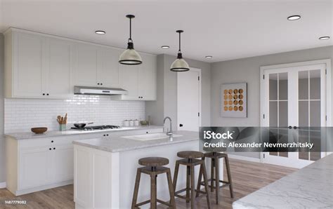 섬과 필요한 모든 가전제품을 갖춘 대형 흰색 주방 3d 렌더링 나무 바 의자 섬 위의 샹들리에 큰 키가 큰 캐비닛 바 스툴에 대한 스톡 사진 및 기타 이미지 Istock