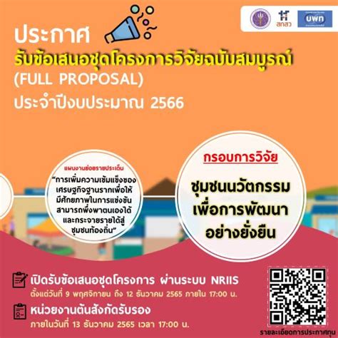 📢📢ประกาศรับข้อเสนอชุดโครงการวิจัยฉบับสมบูรณ์ Full Proposal ของกรอบการวิจัย “ชุมชนนวัตกรรมเพื่อ