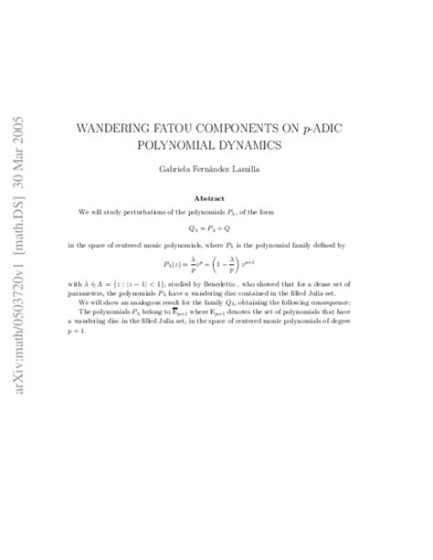 Pdf Wandering Fatou Components On P Adic Polynomial Dynamics Gabriela Lamilla