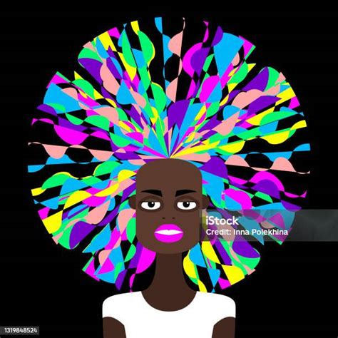 여러 가지 빛깔의 아프리카 헤어 스타일을 가진 어두운 피부 여성 슈퍼 모델 아프로 머리에 대한 스톡 벡터 아트 및 기타 이미지