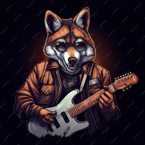 기타를 연주하고 가죽 재킷을 입은 여우 검정색 배경에 생성 Ai 이미지 클립 아트 프리미엄 사진