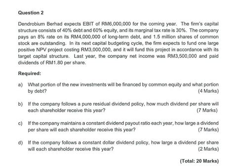 Solved Dendrobium Berhad Expects Ebit Of Rm6000000 For The