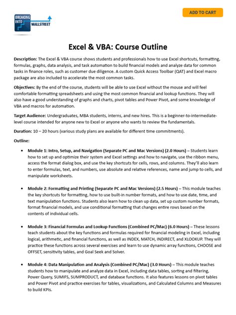 Excel Vba Course Outline Pdf Microsoft Excel Visual Basic For
