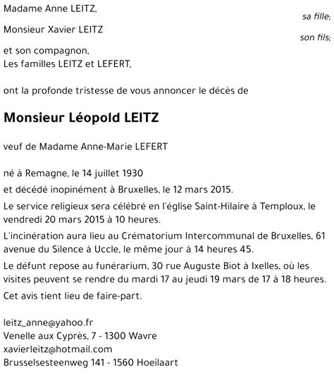 Avis De Décès De Léopold Leitz Décédé Le 12 03 2015 à Etterbeek Annonce Condoléances Fleurs