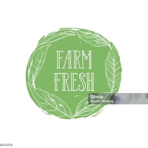 팜 천연 제품 기호입니다 농장 식품 그린된 원형 라벨에 레터링 나뭇잎 현지 시장에 대 한 좋은 아이콘입니다 인쇄 상의 디자인 요소 건강한 식생활에 대한 스톡 벡터 아트 및