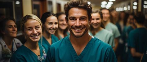 Premium Ai Image Portrait Caucasian Doctor Man With Blured Team Nurses And Assistants Behind