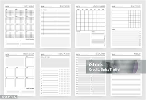 플래너 페이지입니다 일정 연도 및 월 주 또는 일 동안 작업을 작성하기위한 종이 용지 계획과 목표가 있는 빈 일기 스텐실 템플릿을 나열합니다 벡터 인쇄 가능한 주최자 세트
