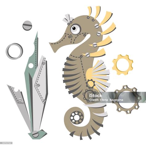 귀여운 추상 금속 바다 말과 해초 기어 바퀴 금속 부분 손톱 기계 해마 스팀펑크 스타일 만화 디자인 강철에 대한 스톡 벡터 아트 및 기타 이미지 Istock