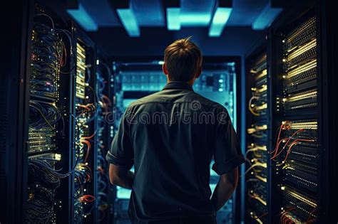 Rear View Of Young Man Standing In Datacenter Server Room Rear View Of The Technician Repairing