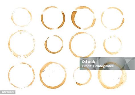 하단 컵에서 원의 컬렉션 브러쉬의 많은 스트로크와 기술에 흰색 종이에 실제 커피 물 페인트 흰색 배경에 고립 된 커피 아트로 일러스트 아로마 음료 브러시 0명에 대한 스톡