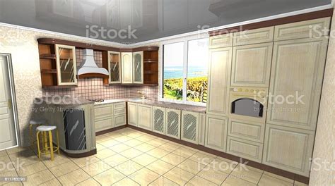 3d 렌더링 일러스트 인테리어 디자인 베이지 갈색 주방 클래식 나무 0명에 대한 스톡 사진 및 기타 이미지 0명 가구 가정 주방 Istock