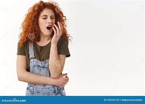 Redhead Cute Woman Feeling Small Fatigue Not Sleep All Night Yawning Falling Asleep From