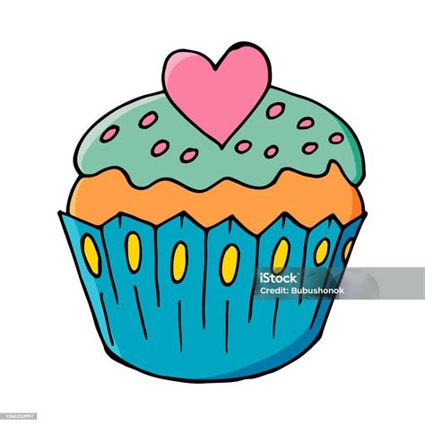 하트 머핀이 있는 컵케이크 아이콘이 손으로 그릴 수 있습니다 벡터 그림입니다 달콤한 페이스트리 귀여운 머핀 기호 아이콘 귀여운에