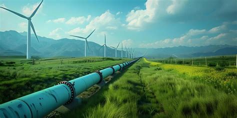 풍력 터빈과 녹색 수소 생산을 배경으로 한 수소 파이프 라인 개념 수소 파이어 라인 바람 터빈 녹색 수소를 생산하는 청정 에너지 인프라 프리미엄 Ai 생성 이미지