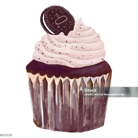 초콜릿 쿠키 컵 케이크 수채화 손 그리기 그림 흰색 배경에서 격리 0명에 대한 스톡 벡터 아트 및 기타 이미지 0명 과일 귀여운 Istock