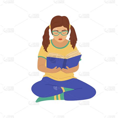 孩子的书。一个年轻的女孩坐着读书。女学生正在准备考试。文学的球迷。矢量图