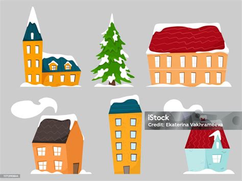 눈 속에서 다양한 집 플랫 디자인 손으로 그린 트렌디 한 일러스트 벡터 세트는 회색 배경에서 격리됩니다 집에 대한 스톡 벡터 아트 및 기타 이미지 Istock