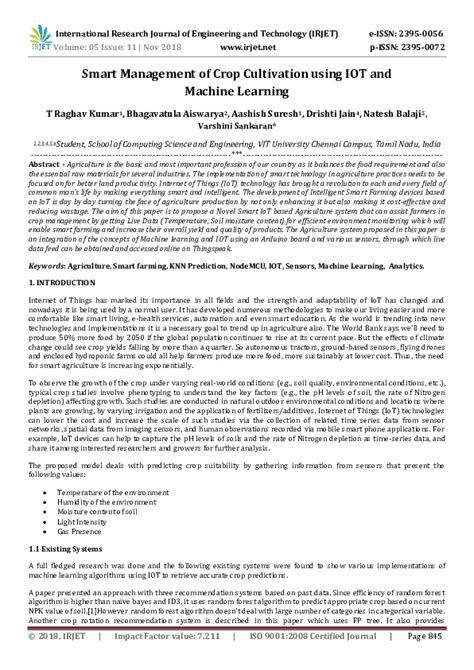 Pdf Smart Management Of Crop Cultivation Using Iot And Machine Learning