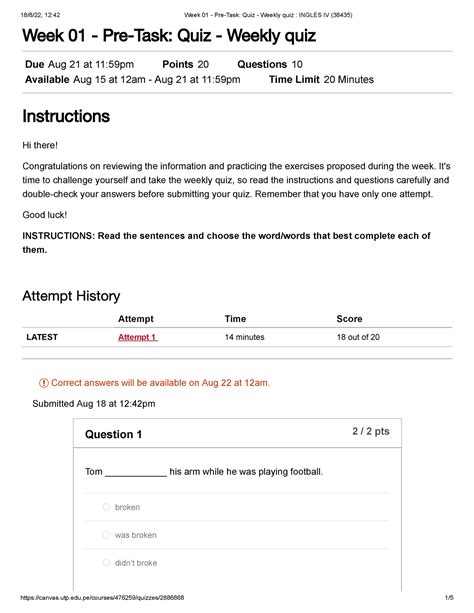 Week Pre Task Quiz Weekly Quiz Ingles IV Week Pre Task Quiz Weekly Quiz Due Aug