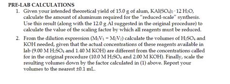 Solved PRE LAB CALCULATIONS 1 Given Your Intended Chegg Com