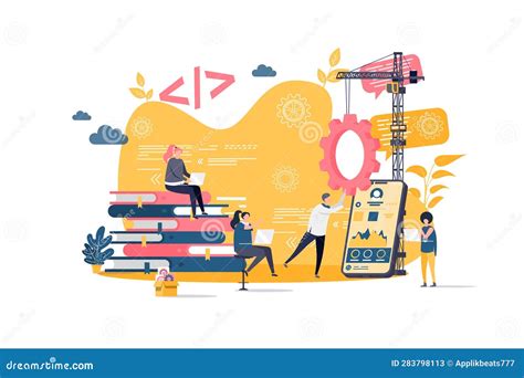 App Development Concept In Flat Style Developers Team Creating Mobile