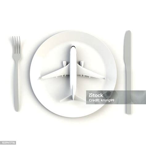 흰색 배경에 접시 나이프와 포크 개념 그림에 비행기의 클로즈업 최고 복사 공간 3d 렌더링 보기 0명에 대한 스톡 사진 및 기타 이미지 Istock