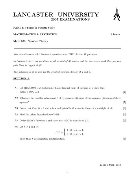 Greatest Common Divisor Number Theory Exam Docsity
