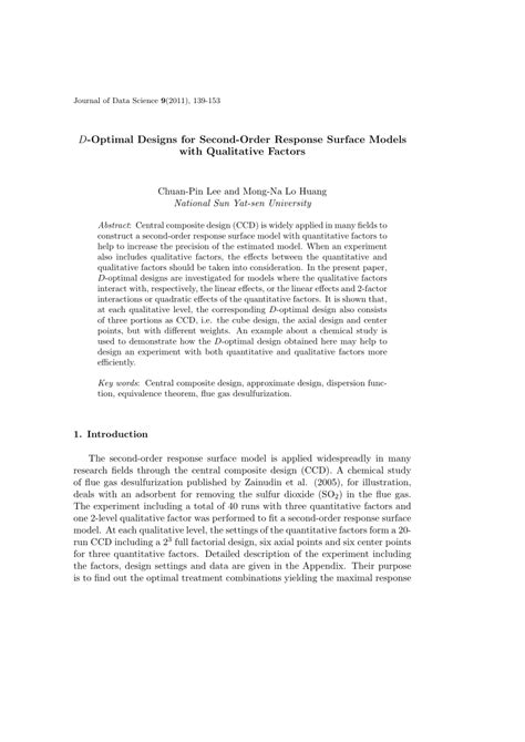 Pdf D Optimal Designs For Second Order Response Surface Models With Qualitative Factors